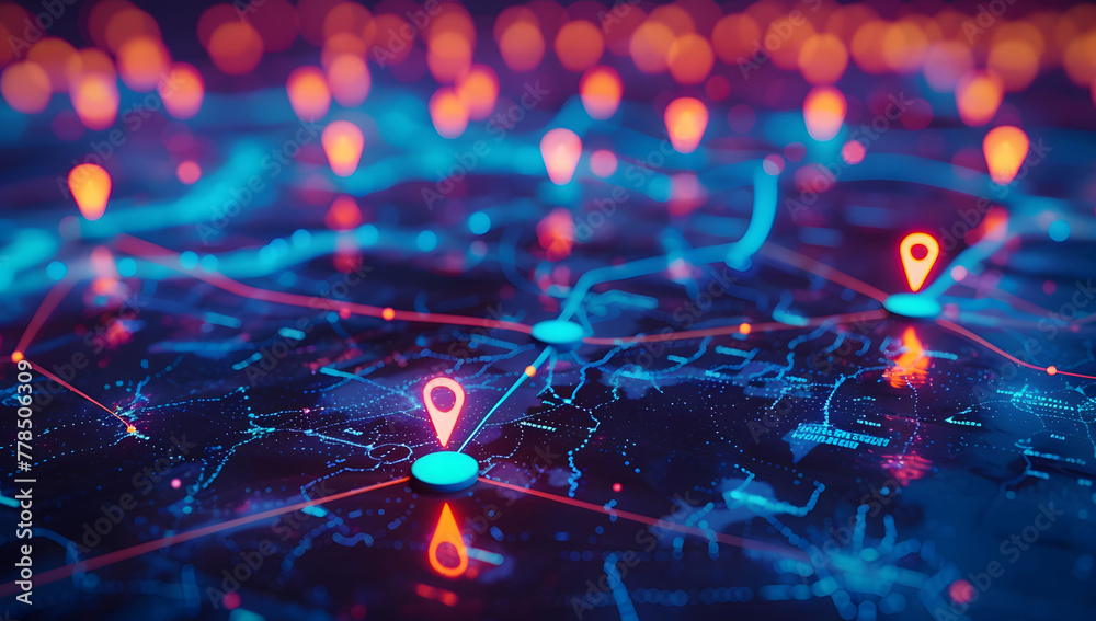 A digital map featuring interconnected location pins, symbolizing global network connectivity ...