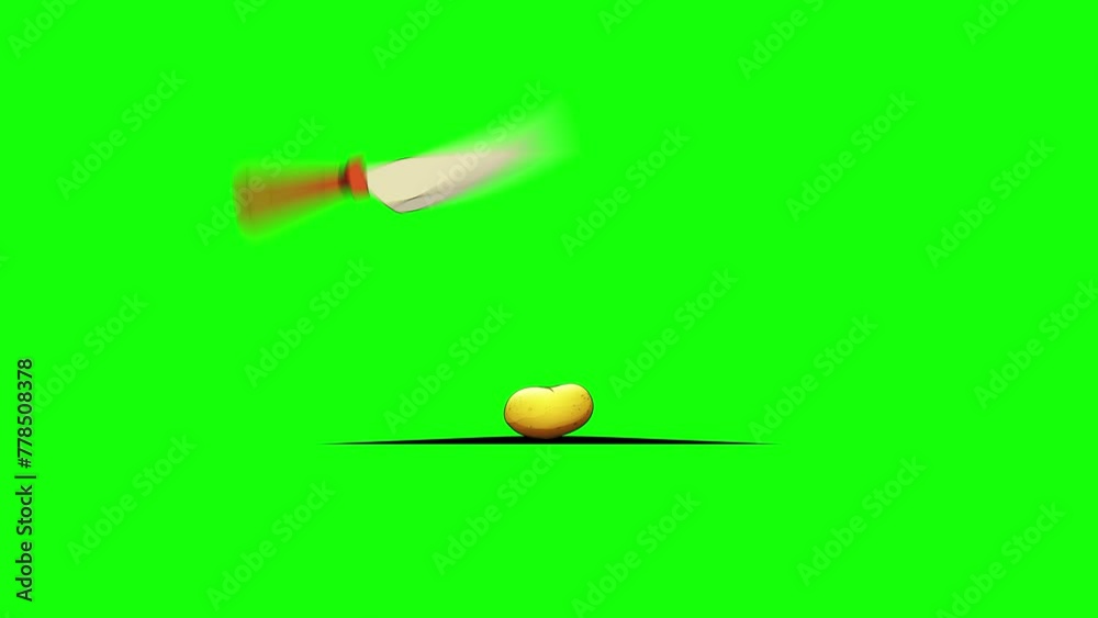This animated footage depicts the dynamic process of slicing potatoes ...