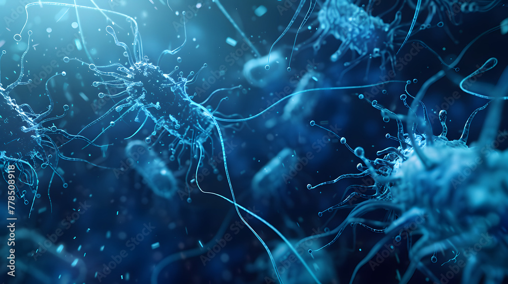 A blue digital rendering of bacteria, showing the individual cells and ...