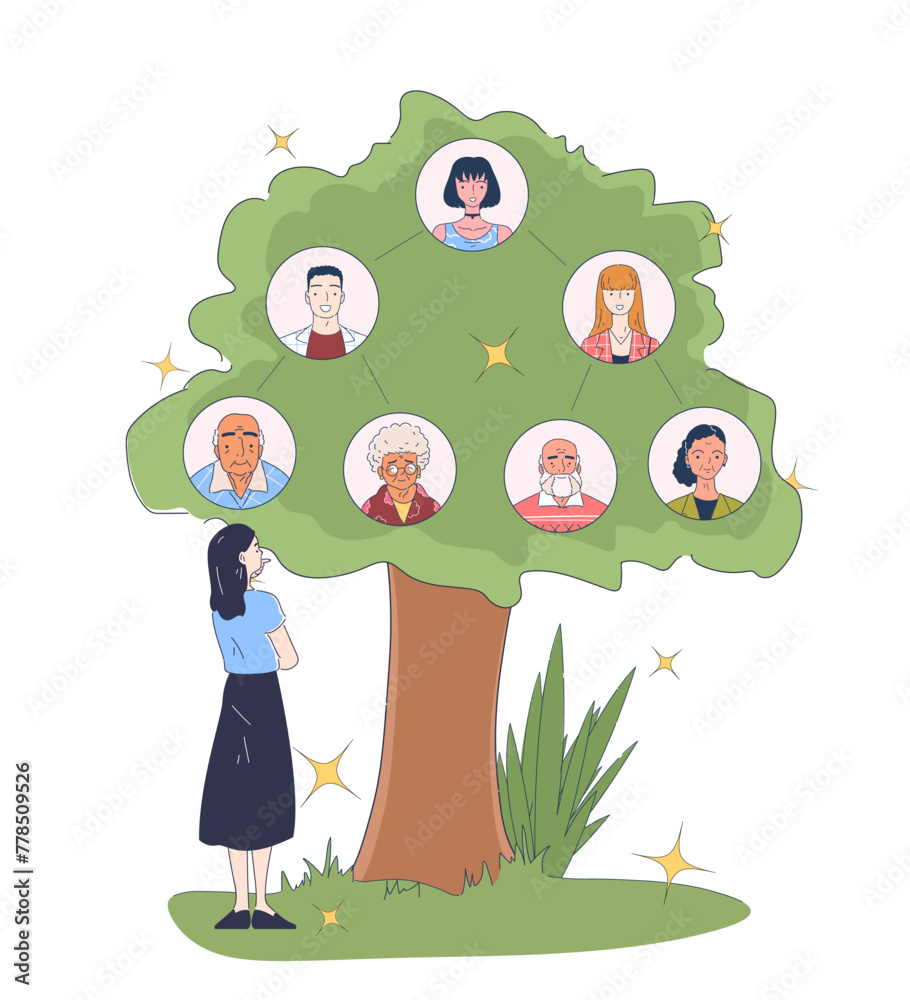 Woman with genealogic tree simple. Different generations and family ...