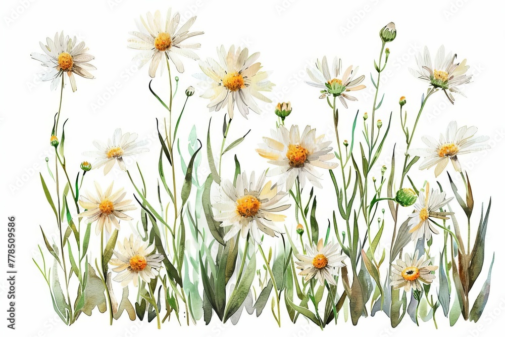 Delicate watercolor illustration of a charming daisy border, hand-drawn ...