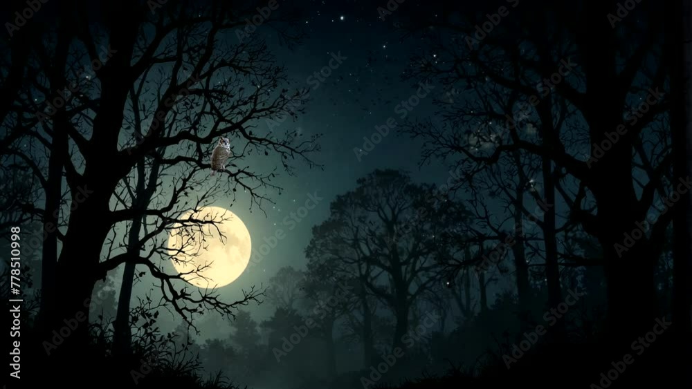 Beautiful natural scenery forest at night during full moon with owls ...