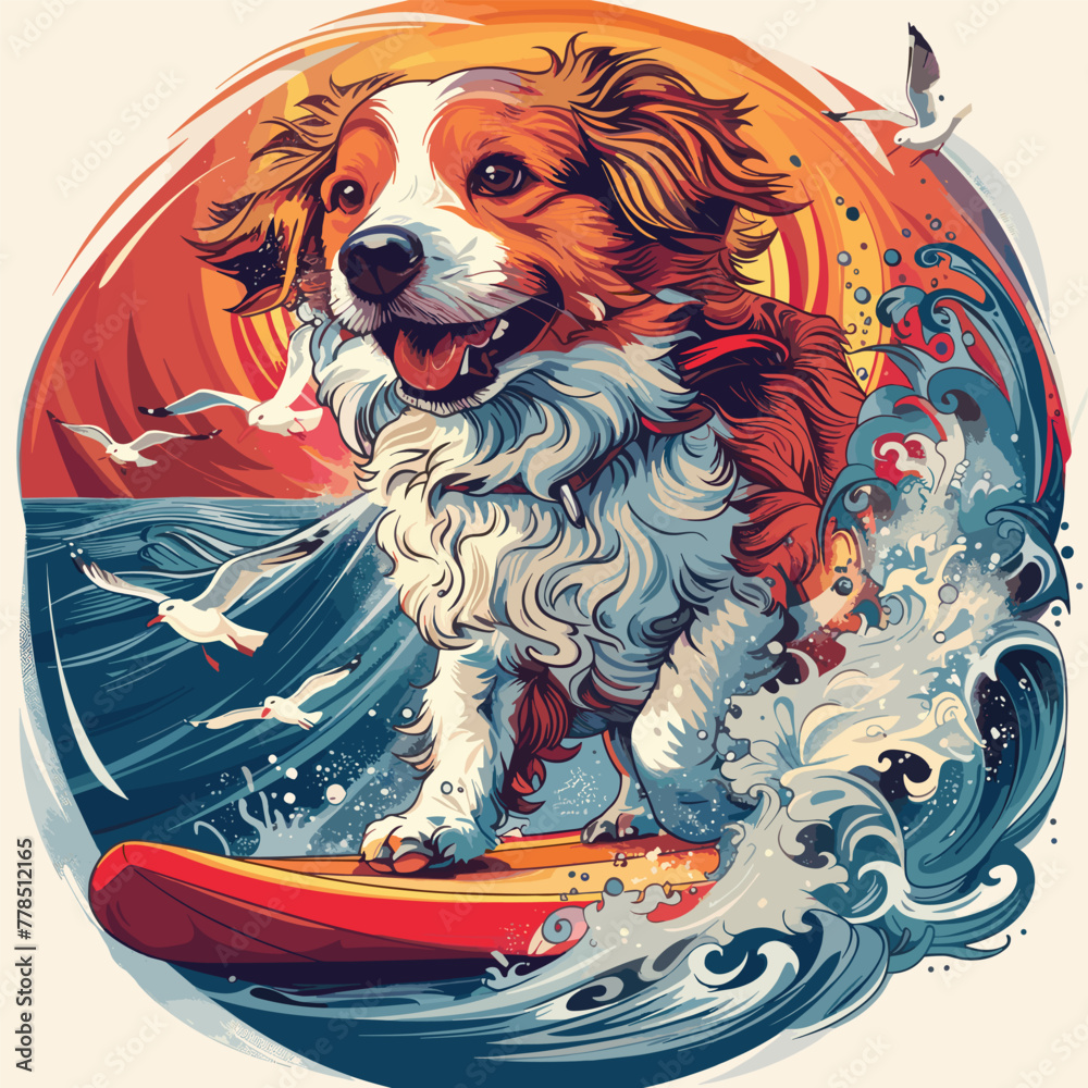 A vibrant design featuring a dog riding waves on a surfboard ...