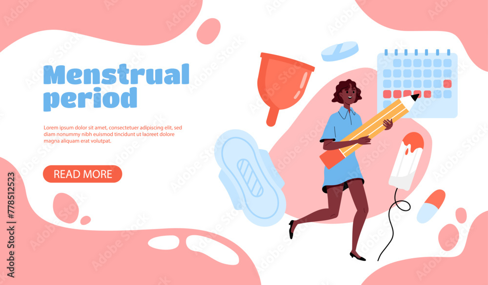 Menstrual period poster. Woman with sanitary pad near calendar ...