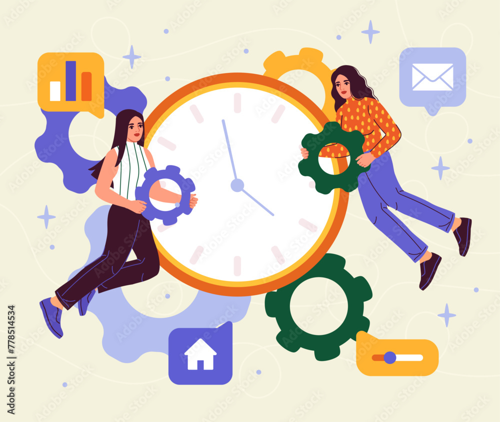 Women with productivity. Young girls with coghweels and gears near ...