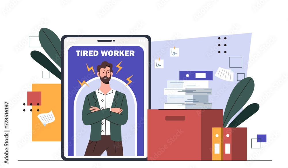Tired worker concept. Man with emotonal burnout and mental stress ...