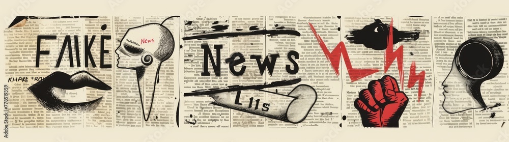 illustrations lips and eyes,red gloves above them, "FAKE News ...
