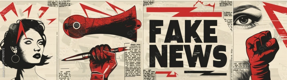 illustrations lips and eyes,red gloves above them, "FAKE News ...