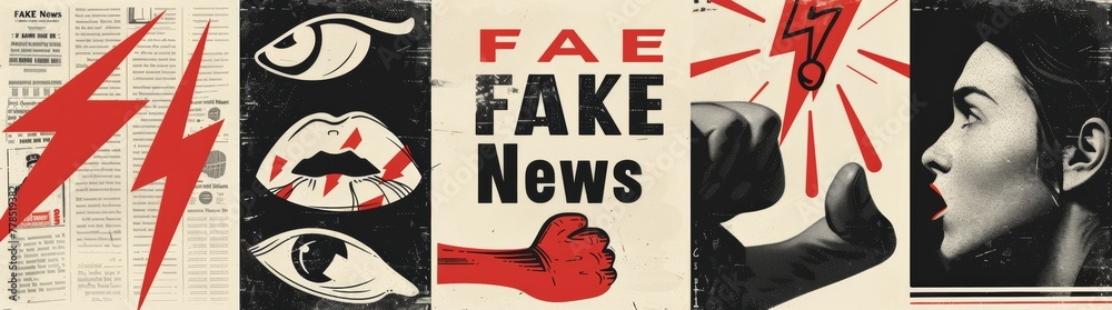 illustrations lips and eyes,red gloves above them, "FAKE News ...