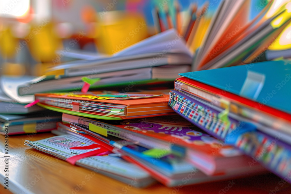 A close-up of a pile of school textbooks and notebooks, with colorful ...