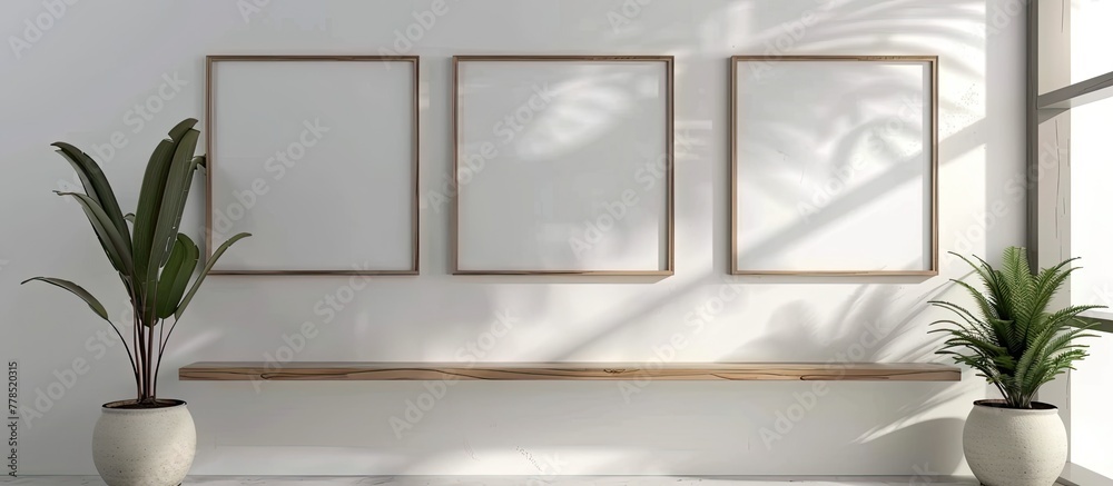 The wall displays three rectangular frames and two potted plants ...