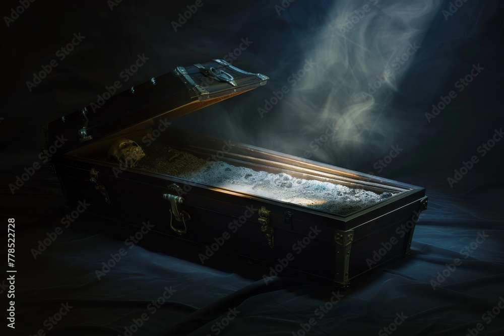 Foto de Eerie scene with an open coffin revealing a skull inside ...