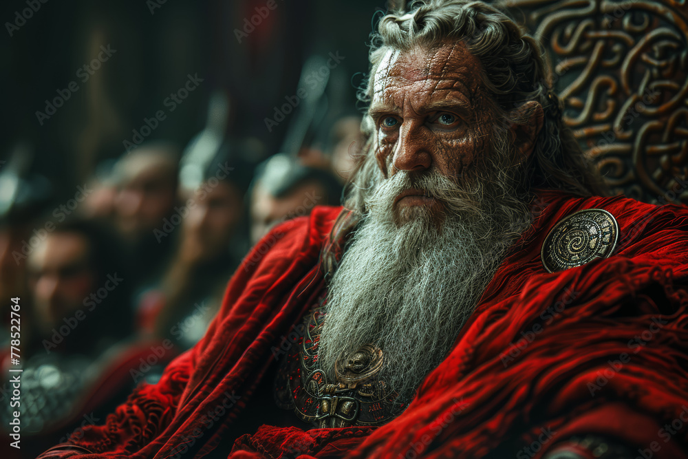 Majestic Odin, the one-eyed Allfather of Norse mythology, sits upon his ...