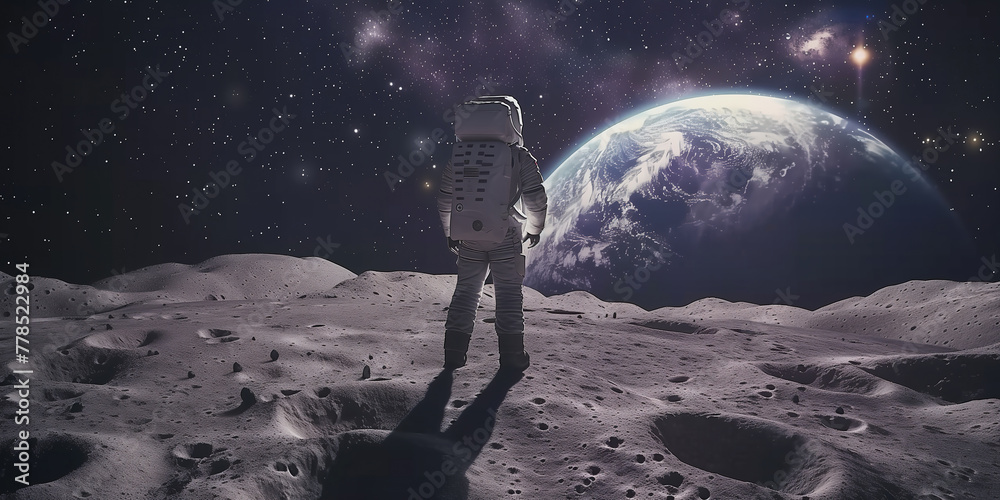Astronaut space man standing on moon looking at global earth in space ...