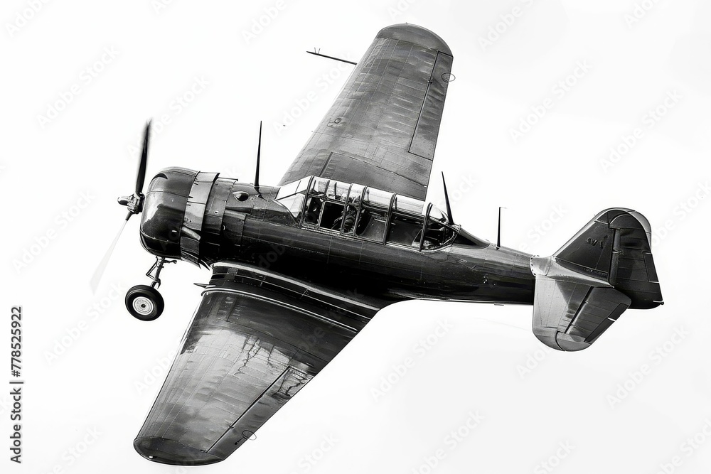 Vintage retro noir small airplane in flight, WWII era single-engine ...