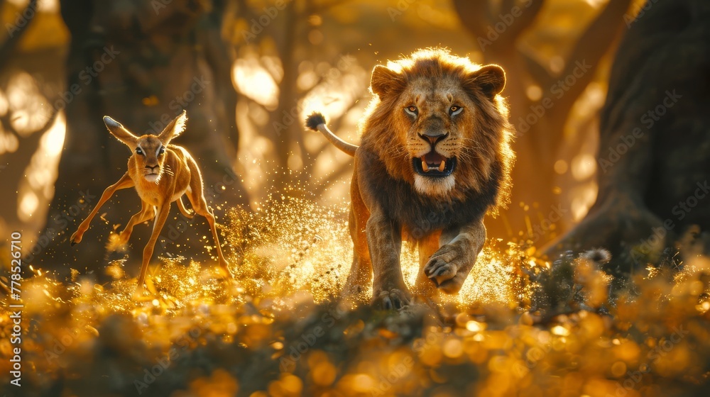 Two fierce lions chase after their prey through the water, creating a ...