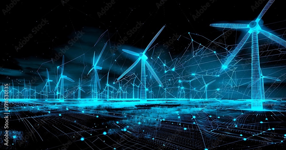 Windmill Farm. Futuristic glowing low polygonal windmill farm on dark ...