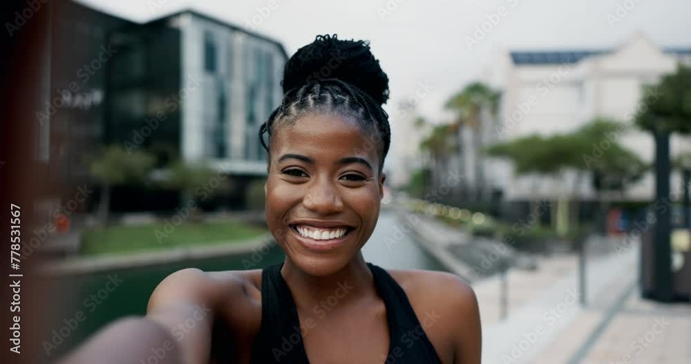 City, fitness and selfie of woman after exercise with happiness and ...