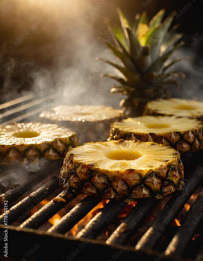 An extreme close up photo as Pineapple slices char and roast over ...