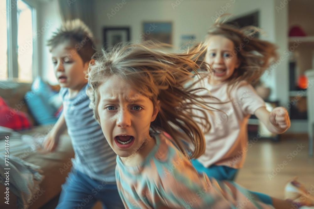 Child care stress, mother and children running with energy with mom ...
