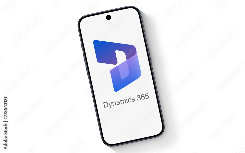 Microsoft Dynamics 365 Logo is displayed on a modern smartphone, laying ...