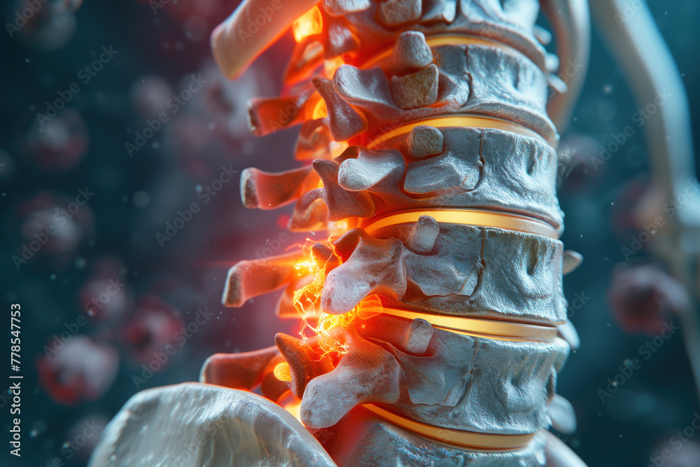 This 3D illustration shows anatomy of an inflamed lumbar spine with ...