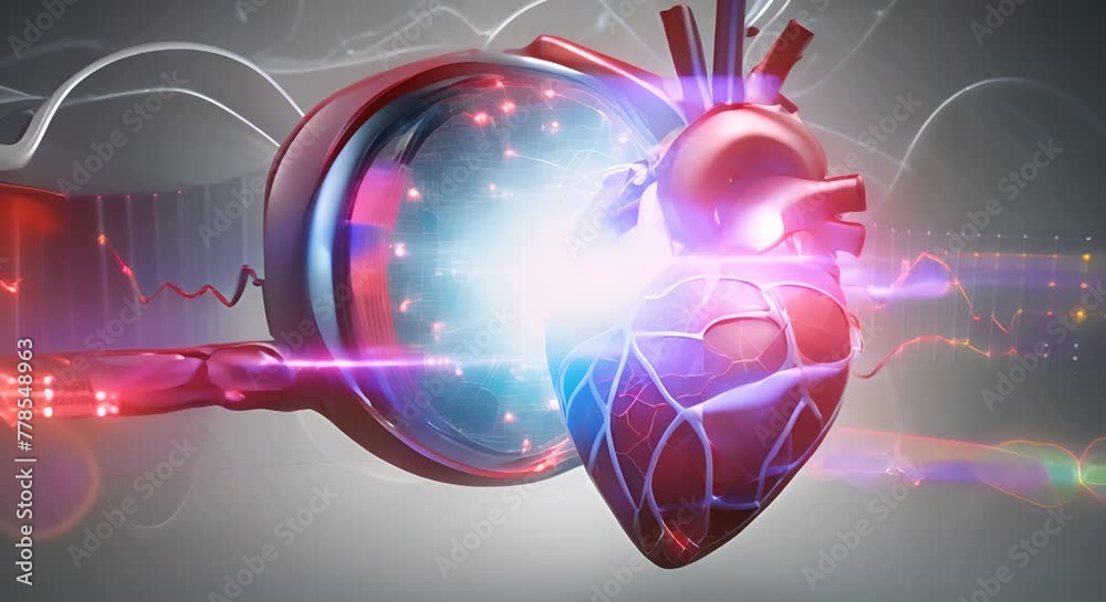 A digital representation of a human heart in a high-tech interface ...