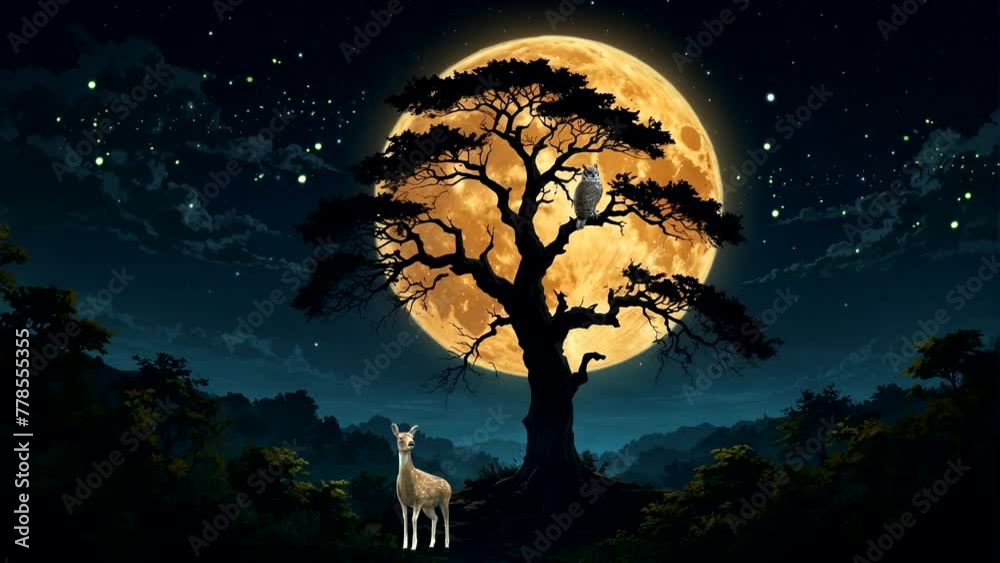 Animated Scenery of a beautiful forest at night on a full moon with an ...