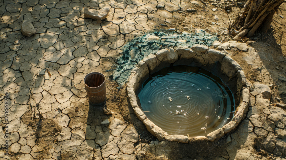 Cracked Water Hole and Rusty Container in Desertification's Grip Stock ...