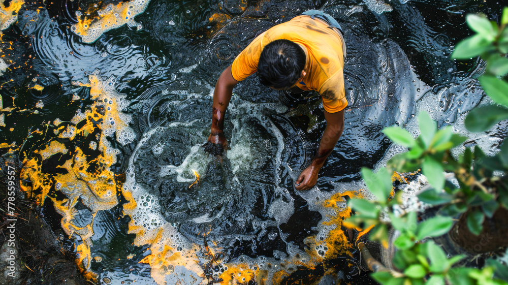 River Pollution. People Fishing Amidst Plastic Waste and Colorful Fish ...
