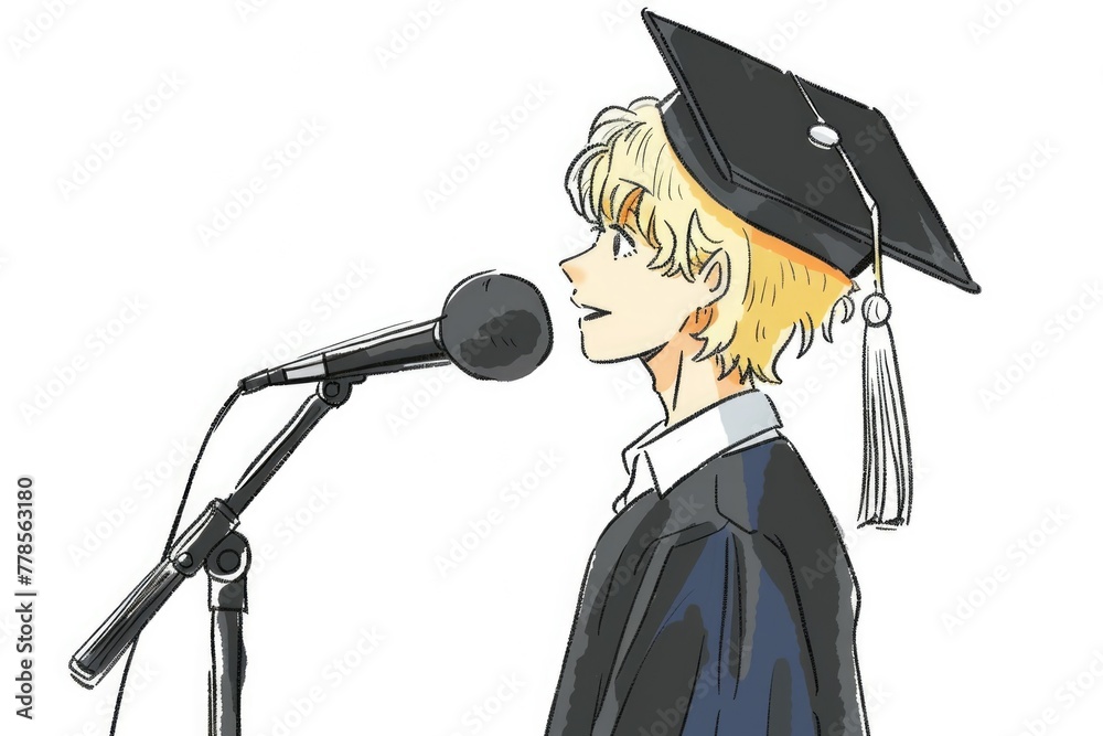 a student wearing a graduation cap speaks in front of a microphone ...