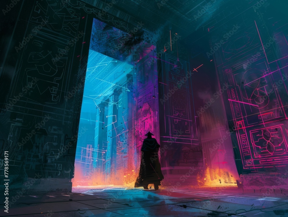 Neonlit detective deciphers arcane symbols in a cyberpunk temple ...