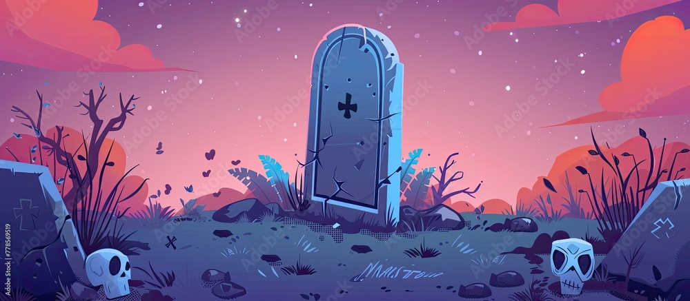A haunting cartoon illustration of a cemetery under an electric blue ...