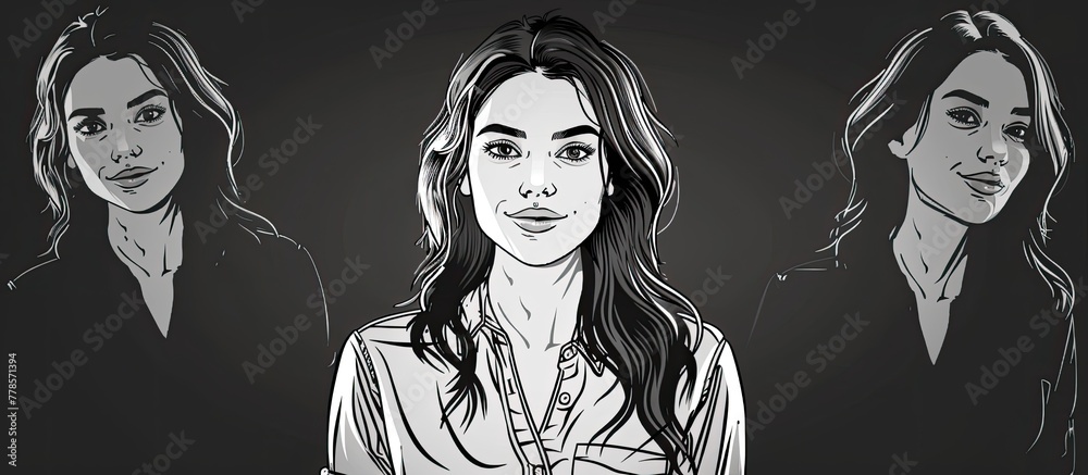 A monochrome drawing capturing three women standing together ...