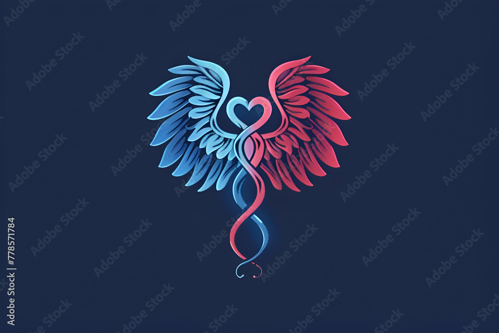 Double heart in Caduceus form. Red and blue colors. Beautiful ...