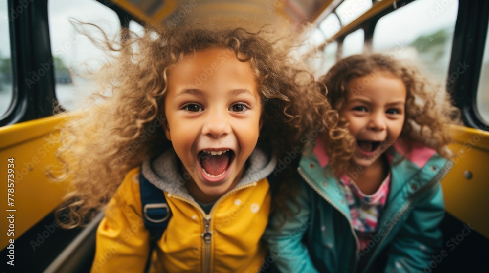 Joyful ride: fun students on a school bus, sharing laughter and ...