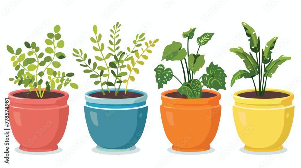 Five pots with plants 2d flat cartoon vactor illust Stock Vector ...