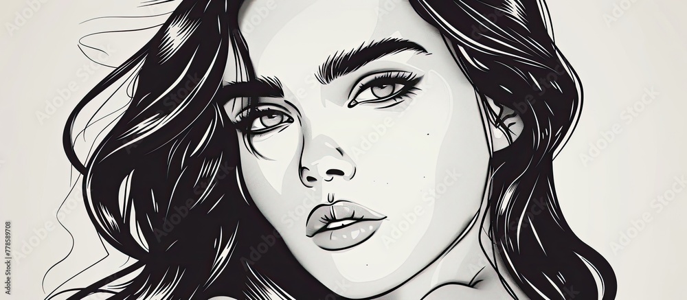 A monochromatic illustration of a womans face featuring long hair, a ...