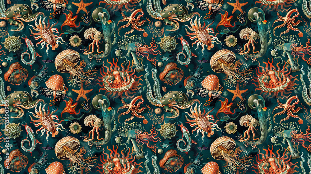 Fictional sea creatures wallpaper, seamless pattern, sea creatures background, weird sea ...