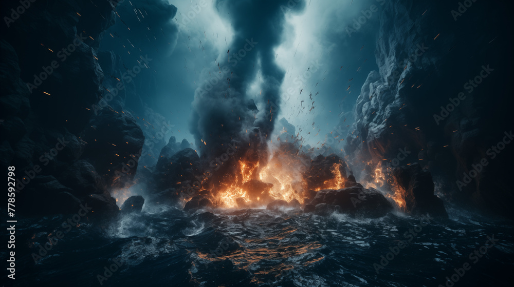 Subterranean Volcanic Eruption with Fiery Lava and Smoke Underground ...