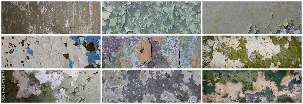 Set of peeling paint textures. Old concrete walls with cracked flaking ...
