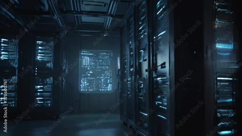 Modern Data Technology Center Server Racks in Dark Room with VFX ...