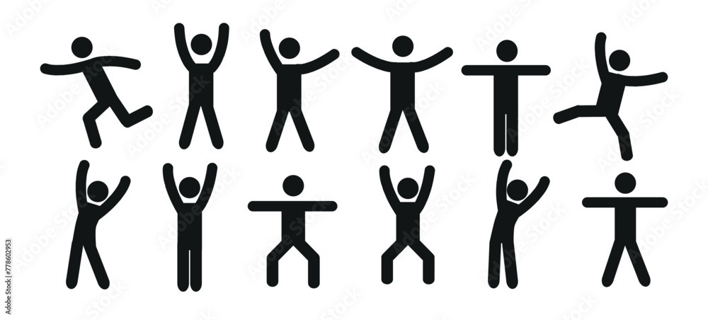 collection of stick man figures, pictographs, man standing, running ...