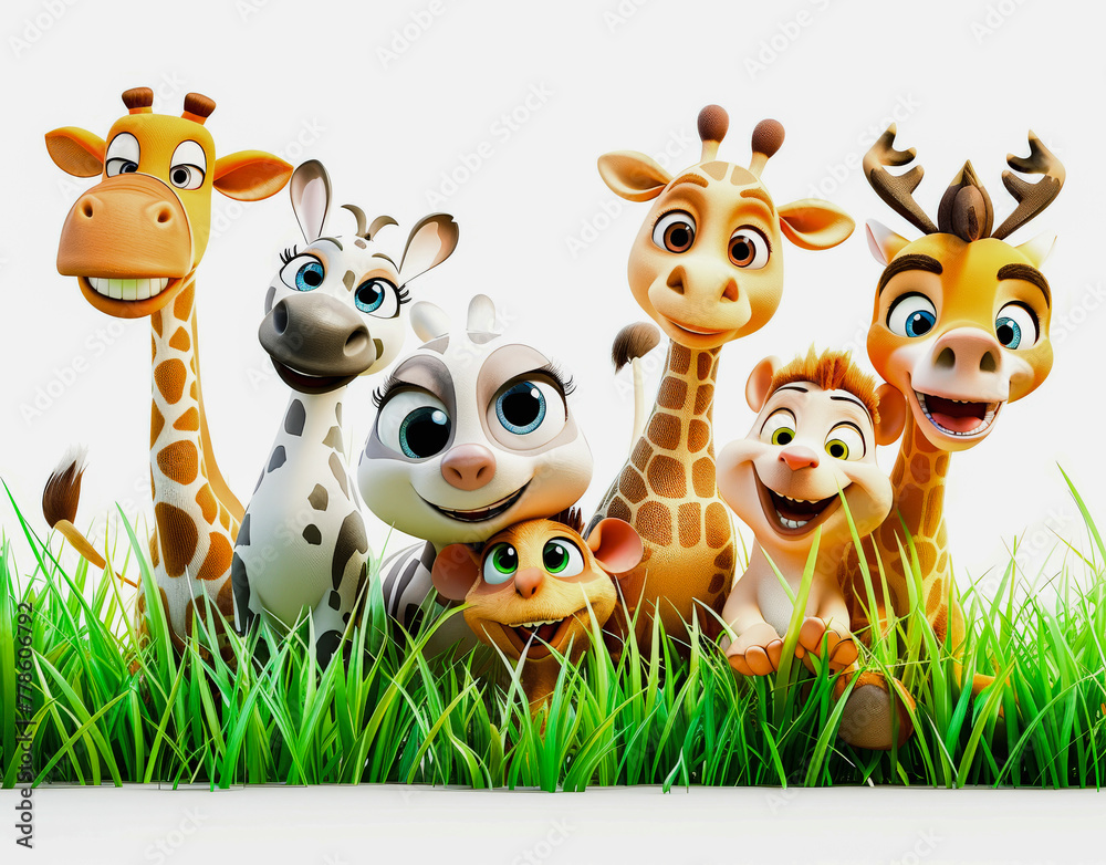 A group of animated animal characters, including giraffes, a lion cub ...