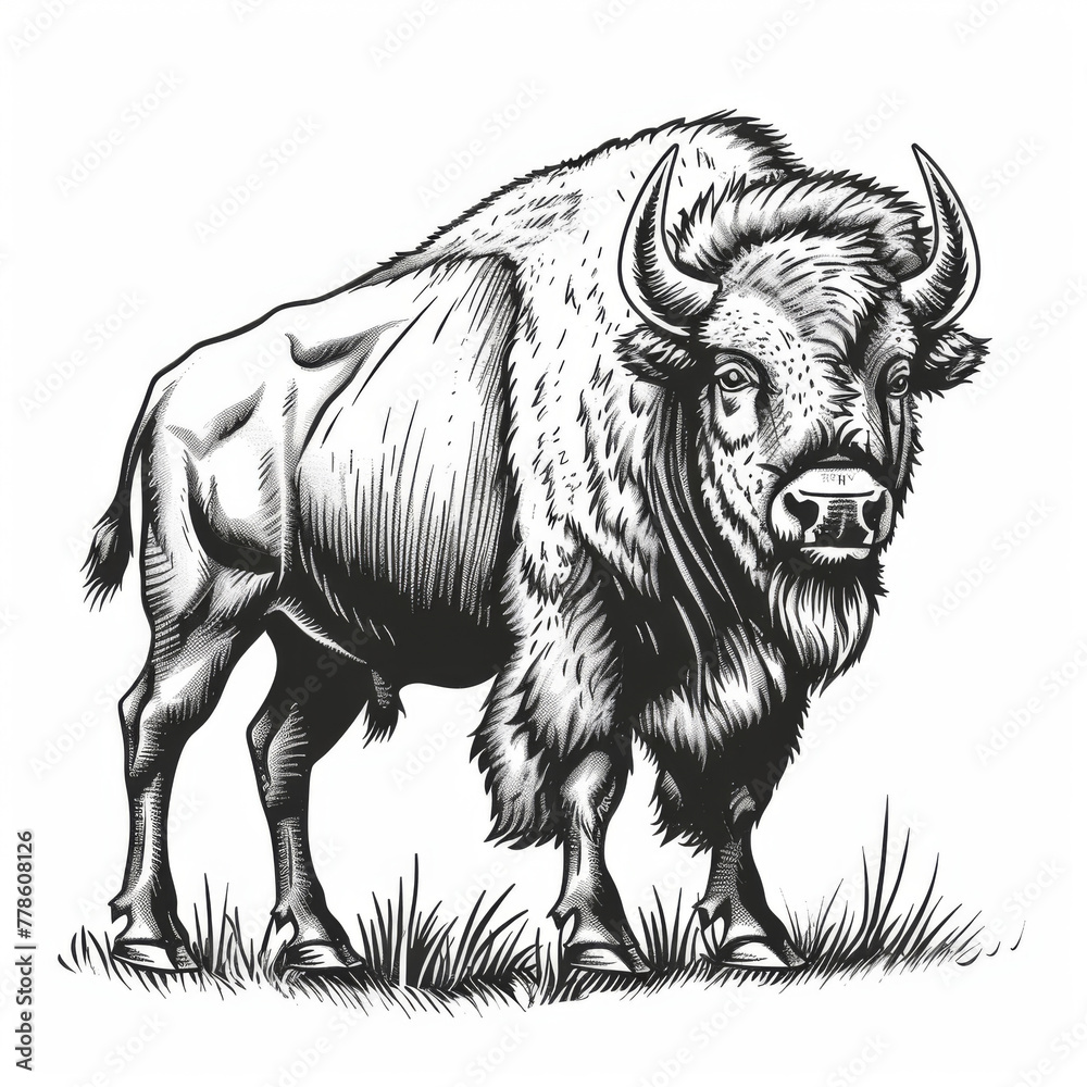 Black and white illustration of a bison in a detailed engraving style ...