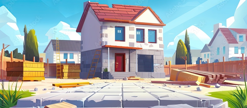A cartoon illustration of a building under construction with a blue sky ...