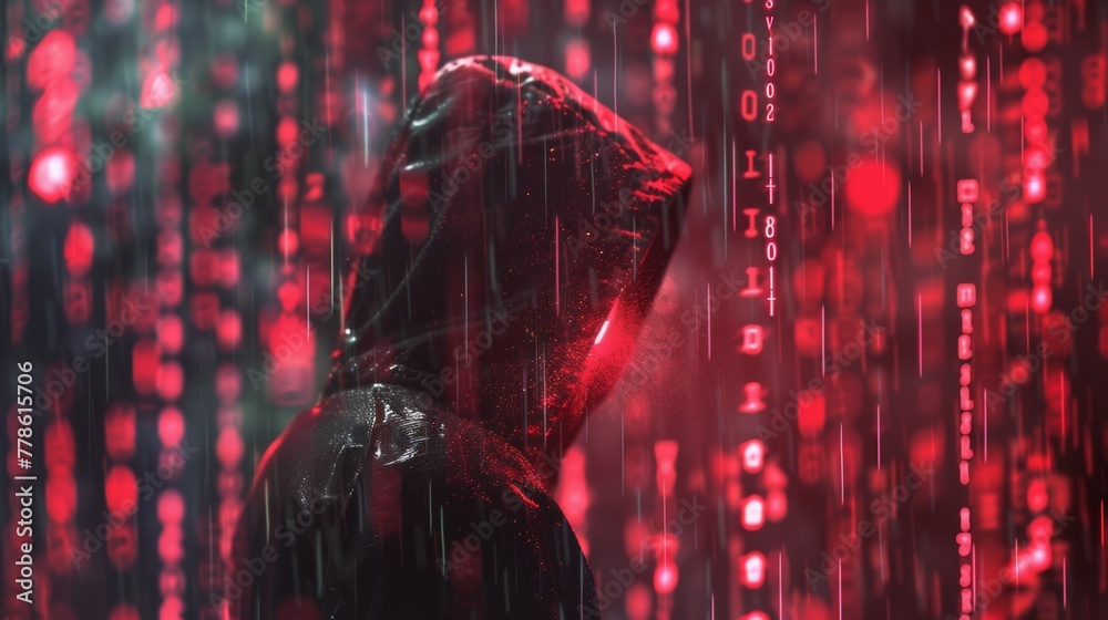 Lines of code rain down behind the hacker, some highlighted in red to represent potential ...