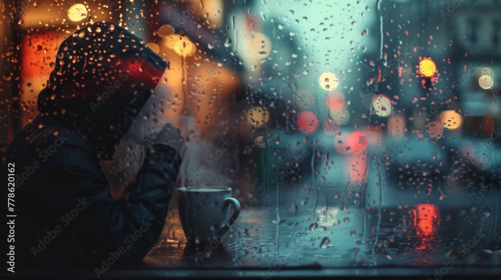 A cozy coffee shop window with warm light spilling out onto a rainy ...