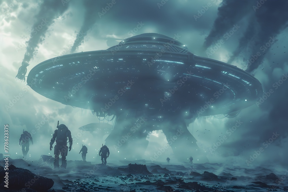 Alien in the desert under a starry night sky, an alien invasion where ...