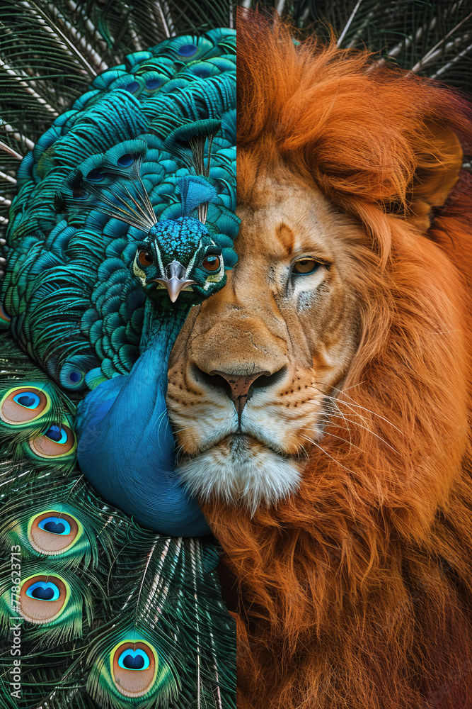 A peacock and a lion are shown side by side, with the peacock on the ...